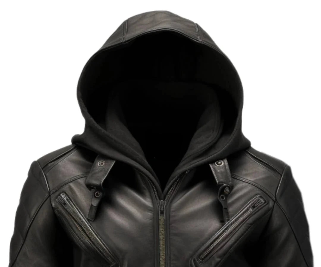 Mens Hooded Black Leather Motorcycle Concealed Carry Jacket – SUPER ...