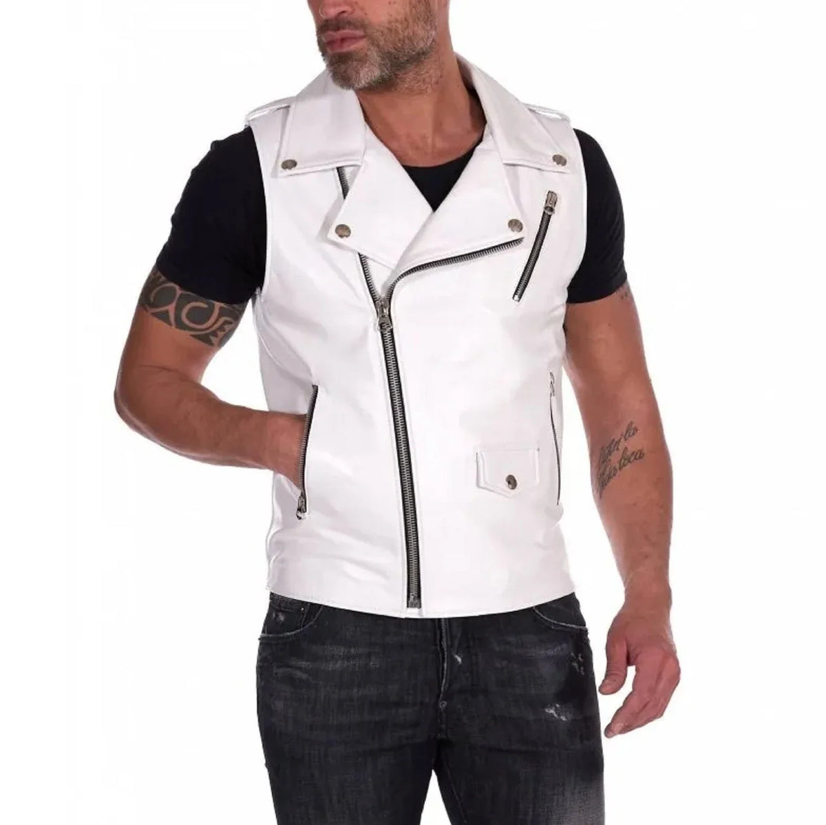 Men's Classic Sleeveless Biker Style White Leather Vest Motorcycle Con ...