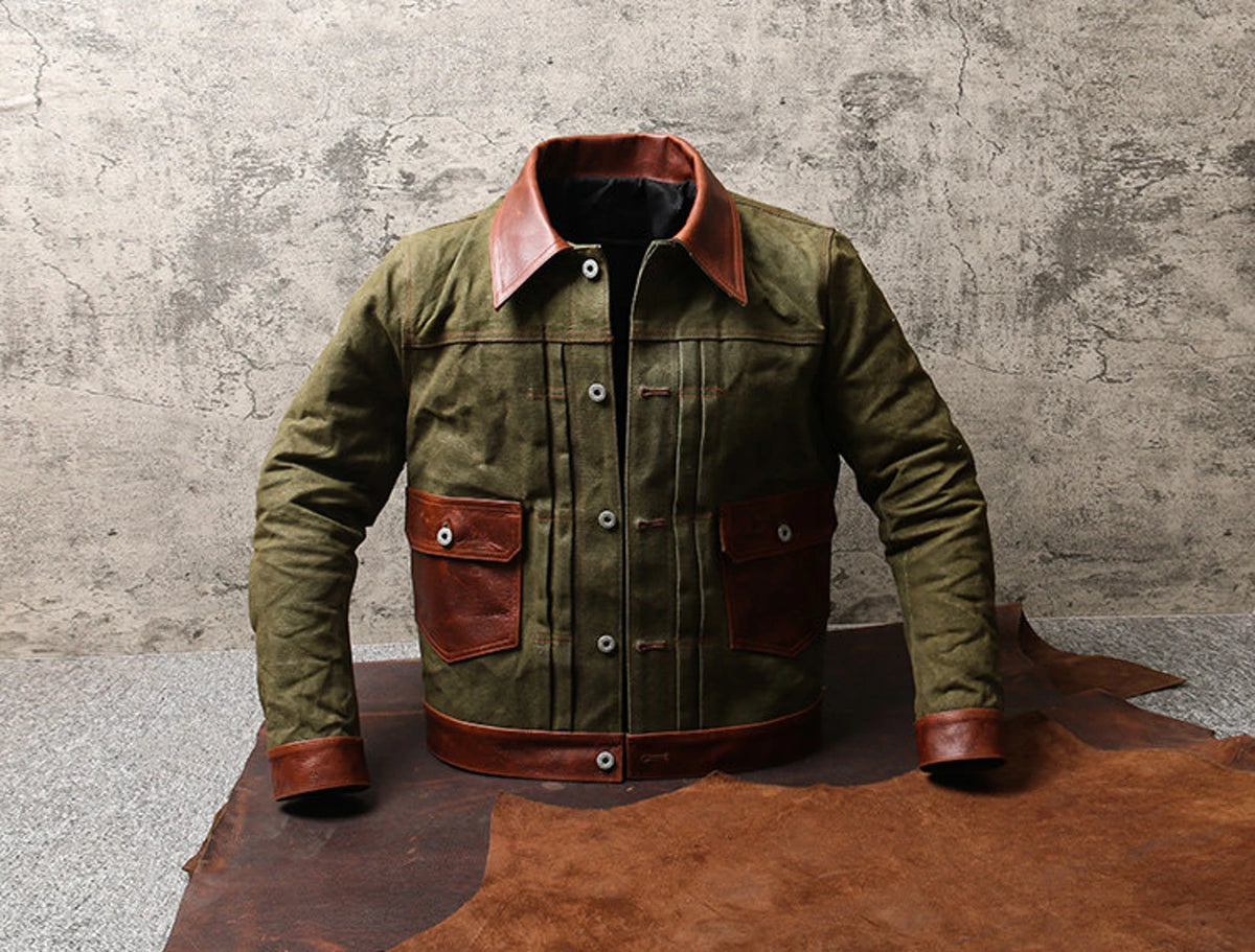 Mens Green Waxed Canvas And Leather Jacket Concealed Carry – SUPER THROTTLE